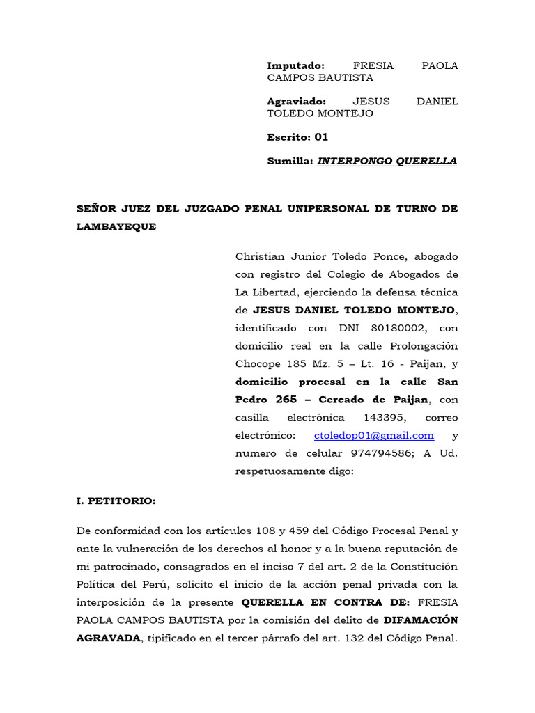 Modelo Escrito Querella Difamacion Agravada Medio de Prensa LP | PDF | Derecho penal | Queja