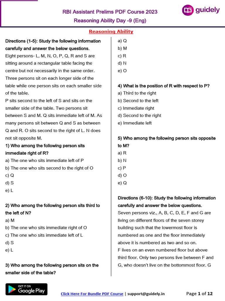 Rbi Assistant Prelims Day - 9 (E) 167610971087 | PDF | Mathematics