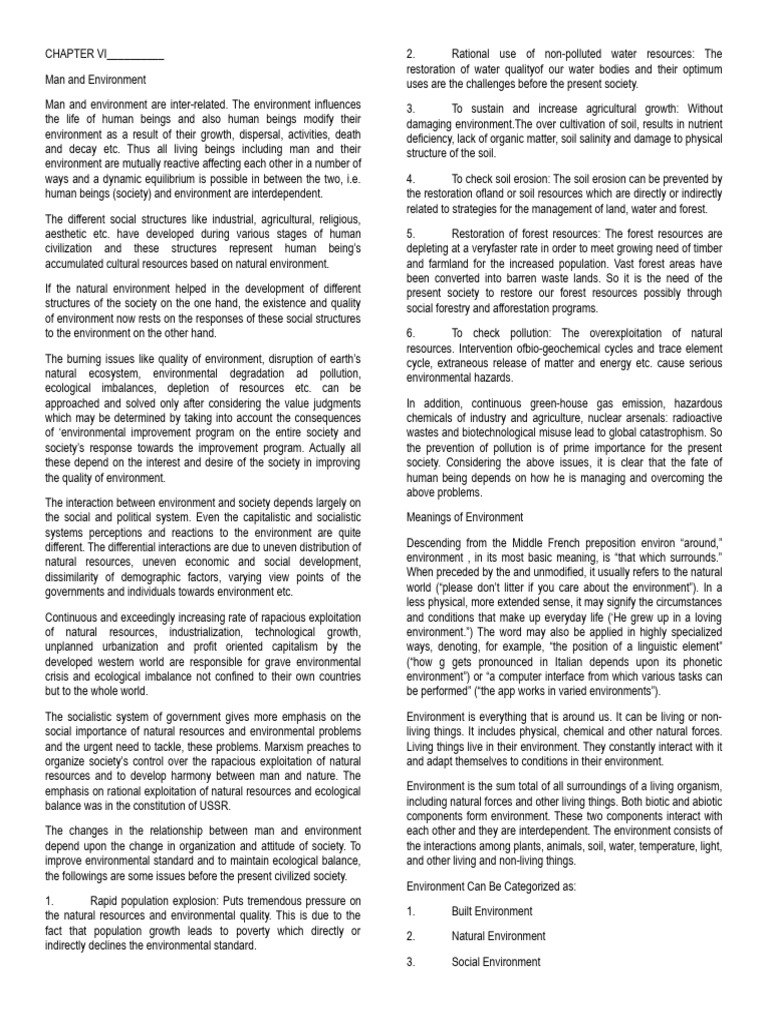 Chapter Vi Man and Environment | PDF | Human Impact On The Environment ...