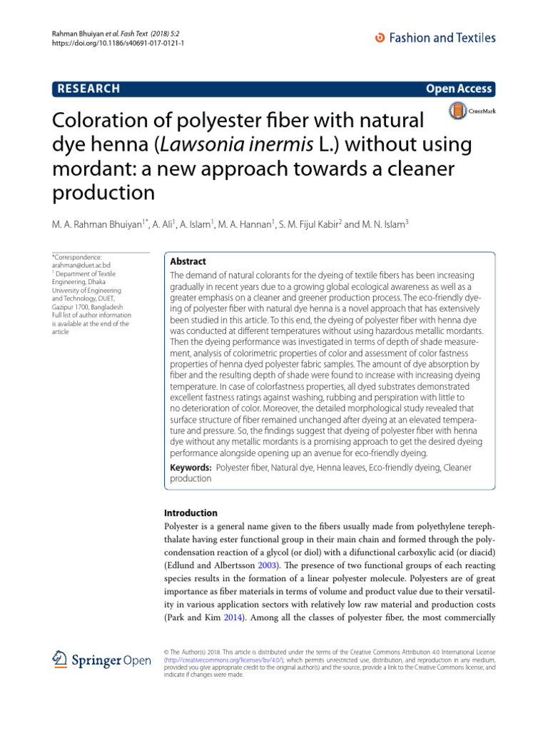 Coloration of Polyester Fiber With Natural Dye Henna (Lawsonia Inermis L.) Without Using Mordant ...