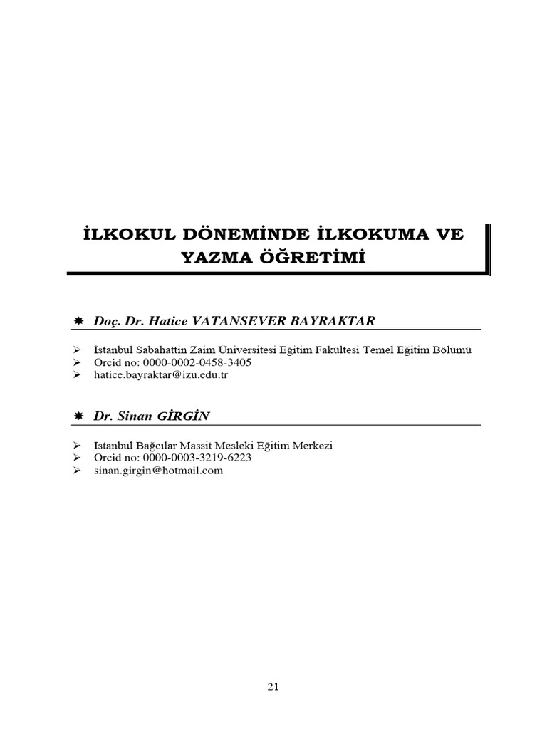 Ilkokul Doneminde Ilk Okuma Ve Yazma Ogretimi | PDF Ilkokul Doneminde Ilk Okuma Ve Yazma Ogretimi | PDF