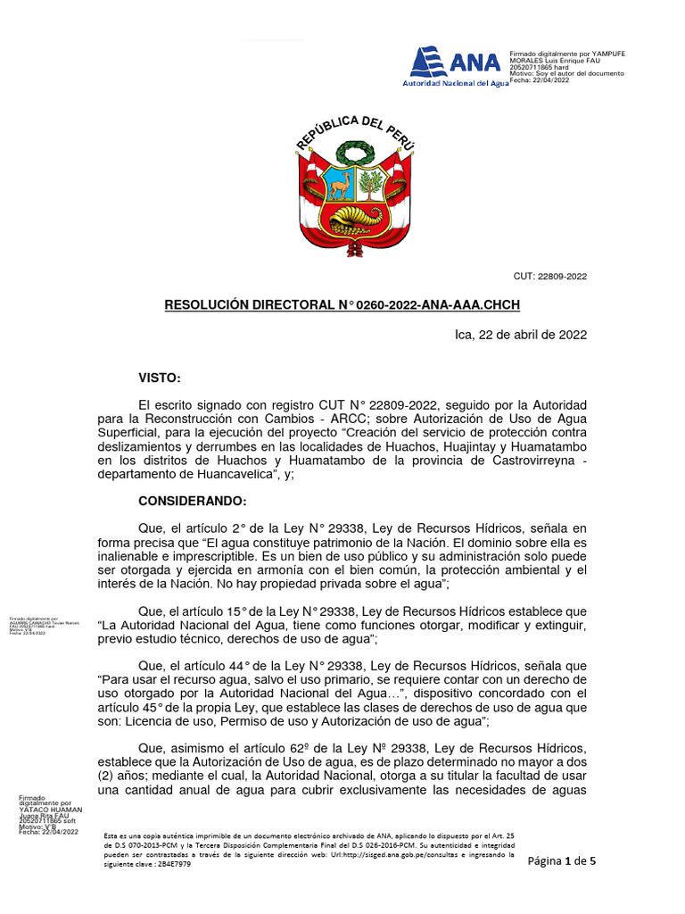 R.D. #0260-2022-Ana-Aaa-Chch | PDF | Agua | Regulación