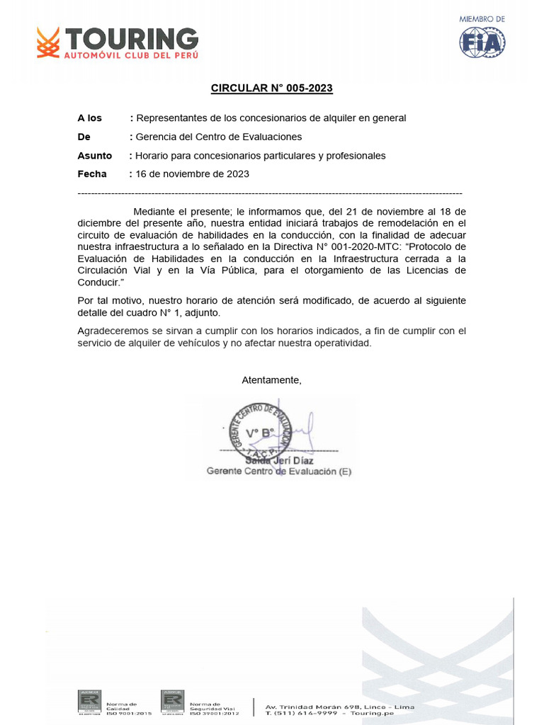 Horarios Modificados para Concesionarios | PDF