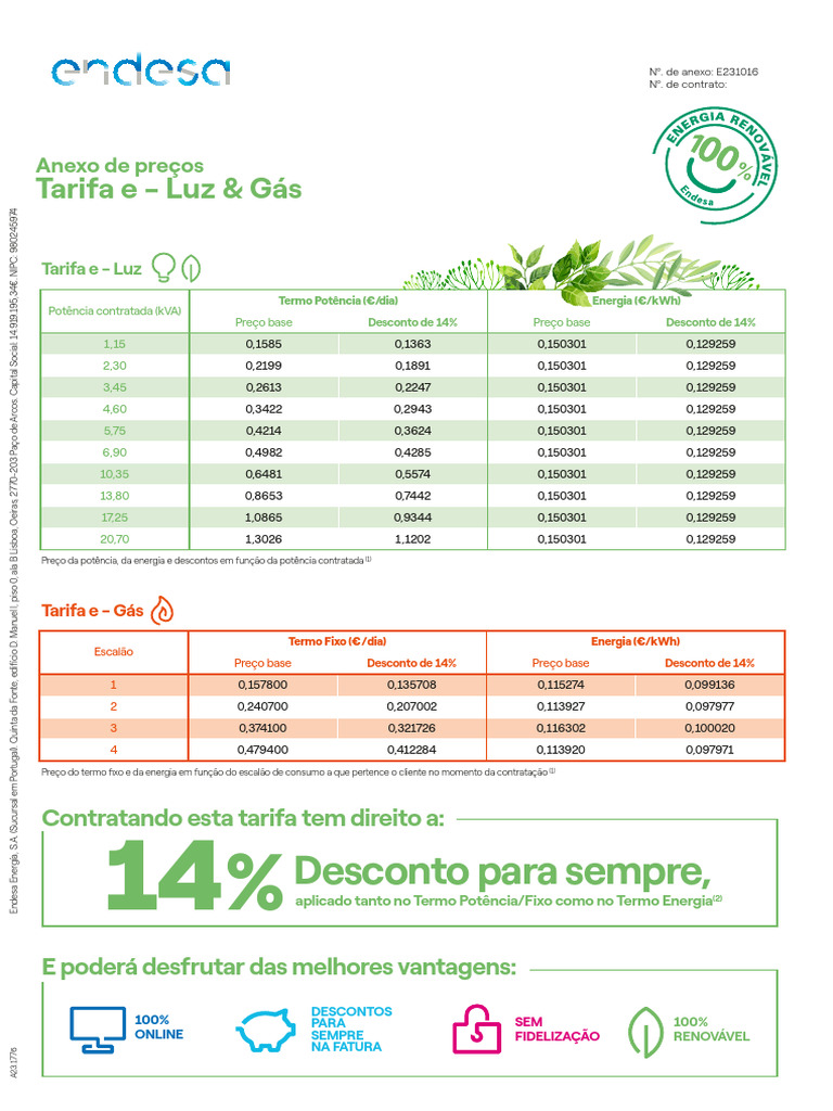 Endesa Tarifa Eluz Egas Anexo Precos | PDF | Impostos