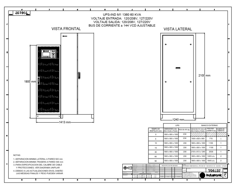706137 DIAGRAMA DIMENSIONAL UPS-IND M1 1360 60KVA VN 120-208V, 127-220V | PDF