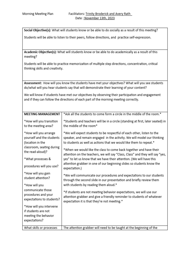 Morning Meeting Planning - Avery and Trinity | PDF | Teachers | Thought