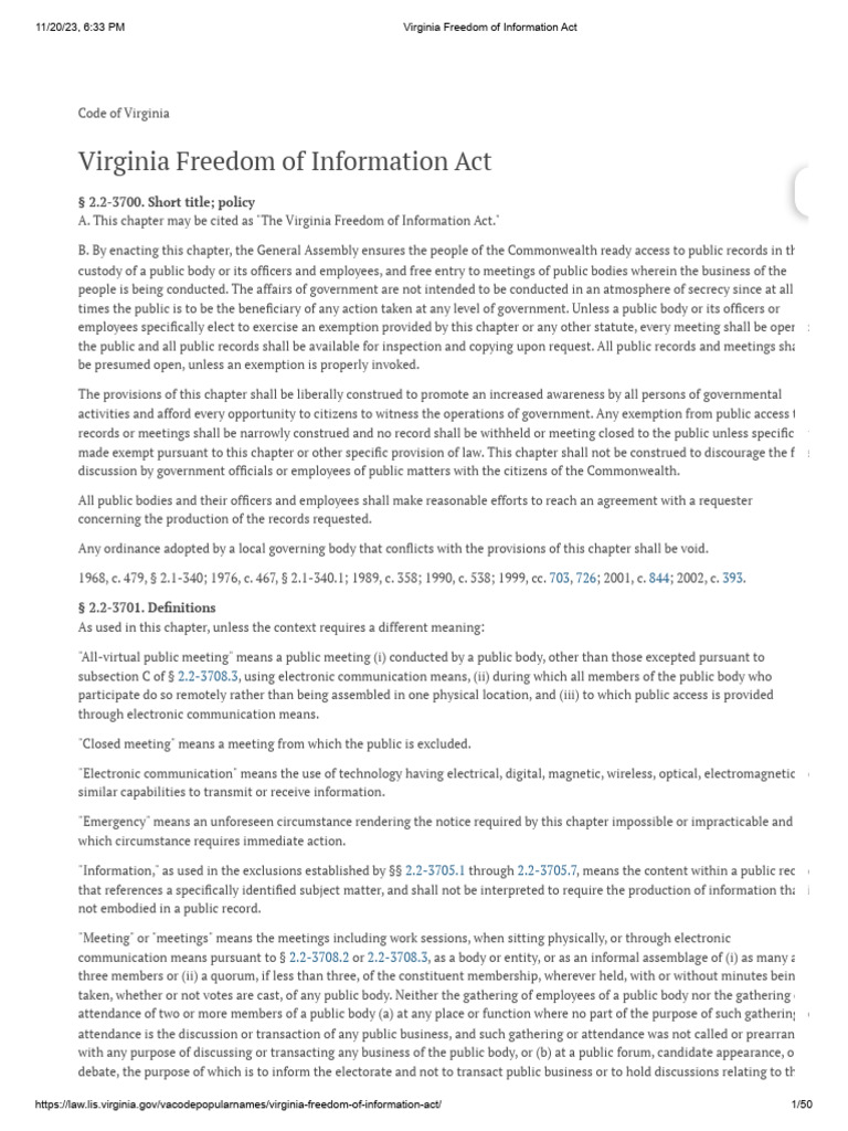 Virginia Freedom of Information Act | PDF | Freedom Of Information Act ...
