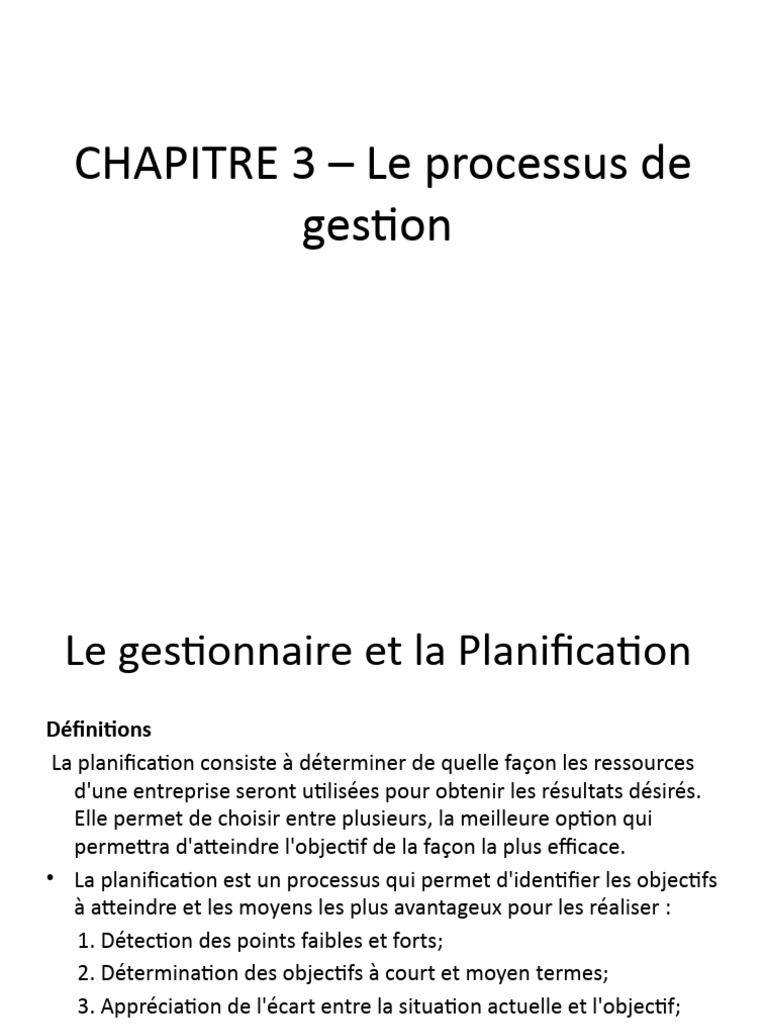 CHAPITRE 3 - Le Processus de Gestion | PDF | Planification | Business