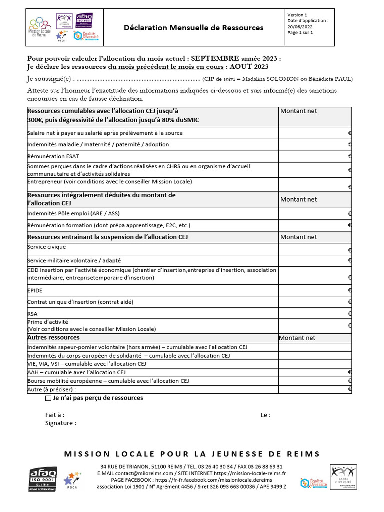 Déclaration Mensuelle de Ressources CEJ | PDF | Travail | Économie