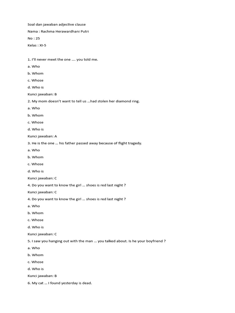Soal Dan Jawaban Adjective Clause | PDF