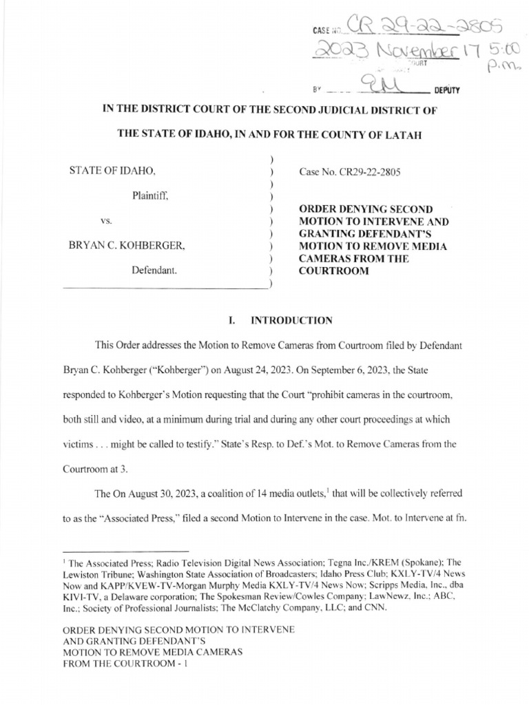 Bryan Kohberger: Order Denying Motion To Intervene | PDF