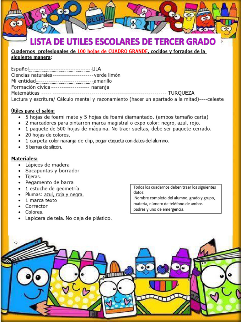 Tercer Grado Lista de Utiles Escolares | PDF