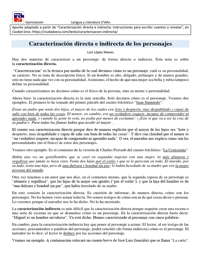 Caracterización Directa e Indirecta | PDF | Cuentos