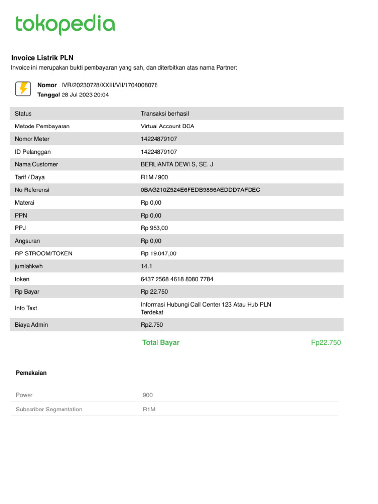 Invoice Pembayaran Listrik PLN | PDF