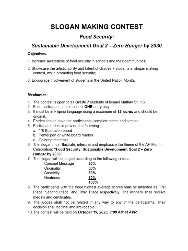 SLOGAN MAKING CONTEST - Grade 7 | PDF | Games & Activities | Art