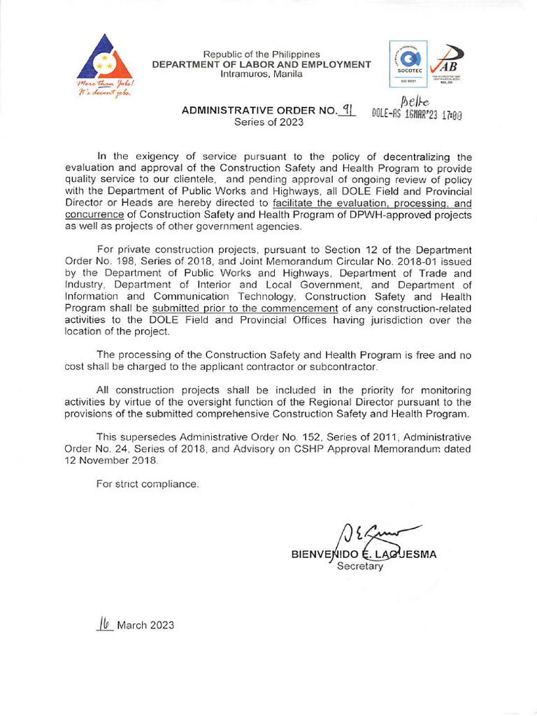 Administrative Order No. 91-2023 | PDF