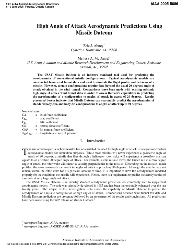 High Angle of Attack Aerodynamic Predictions Using Missile Datcom | PDF ...