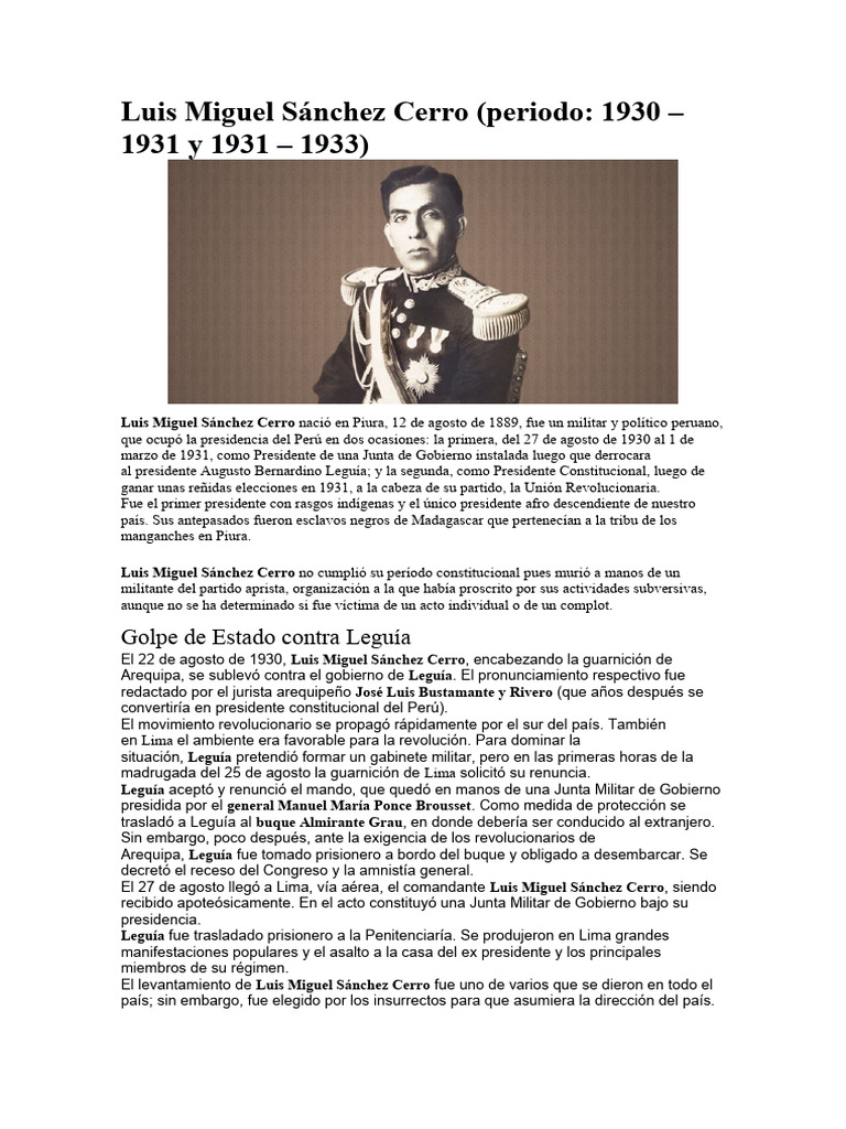 Luis Miguel Sánchez Cerro | PDF | Política | Historia