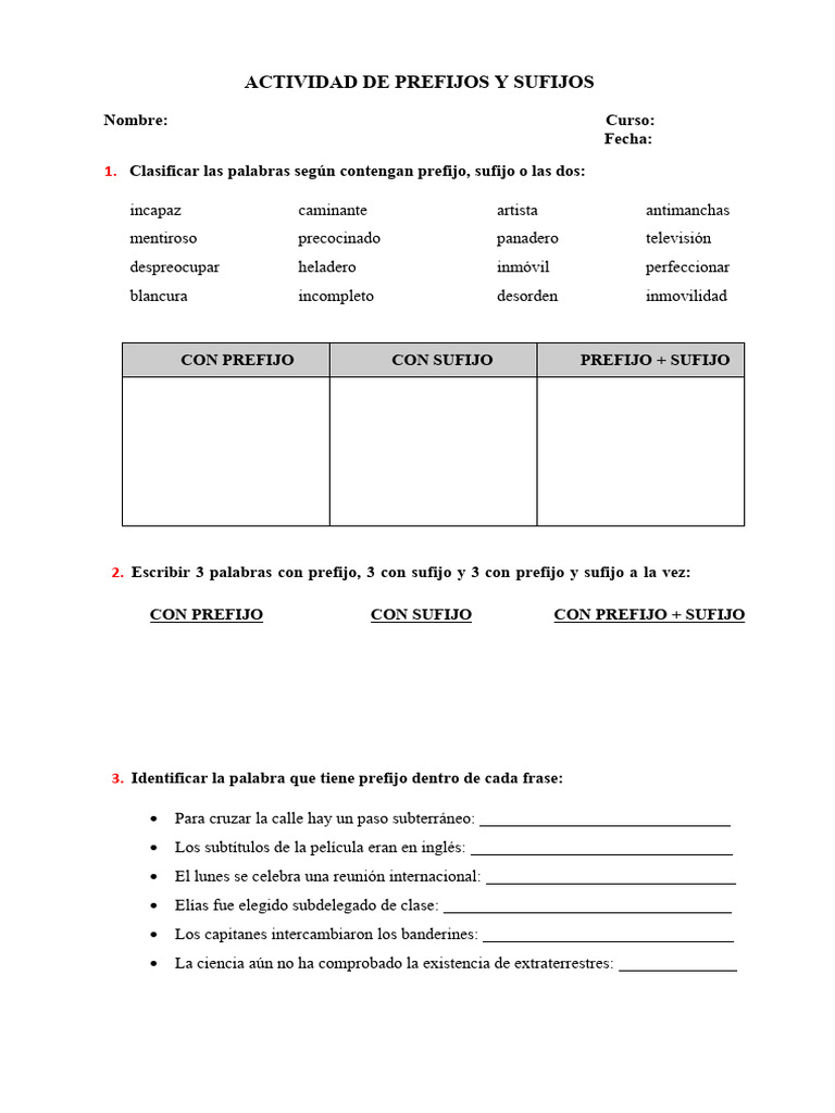 Actividades - Prefijos y Sufijos | PDF