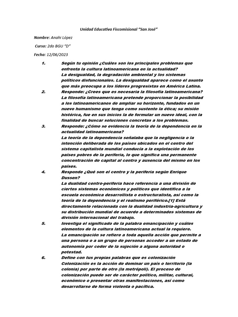 Unidad Educativa Fiscomisional "San José" Nombre: Anahi López Curso: 2do BGU "D" Fecha: 12/06 ...