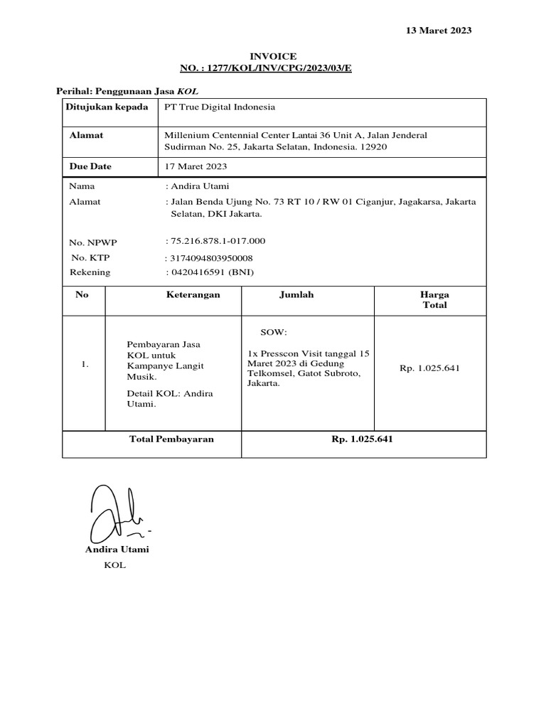 Invoice Andira Utami - Presscon Langit Musik Signed | PDF