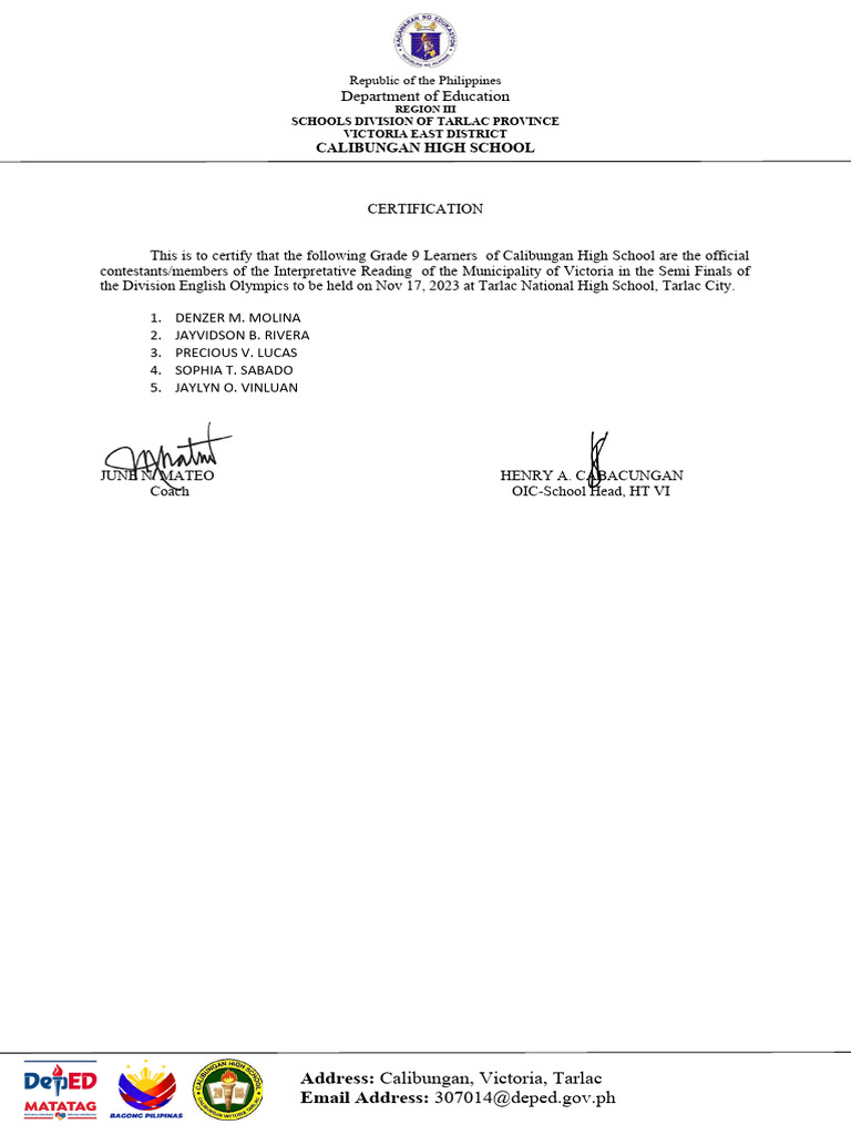 Certification of Contestants in Interpretative Reading | PDF