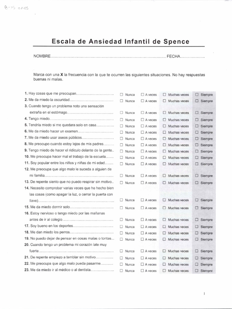 Escala Ansiedad Infantil Spence (Scas) 7-17 Años | PDF
