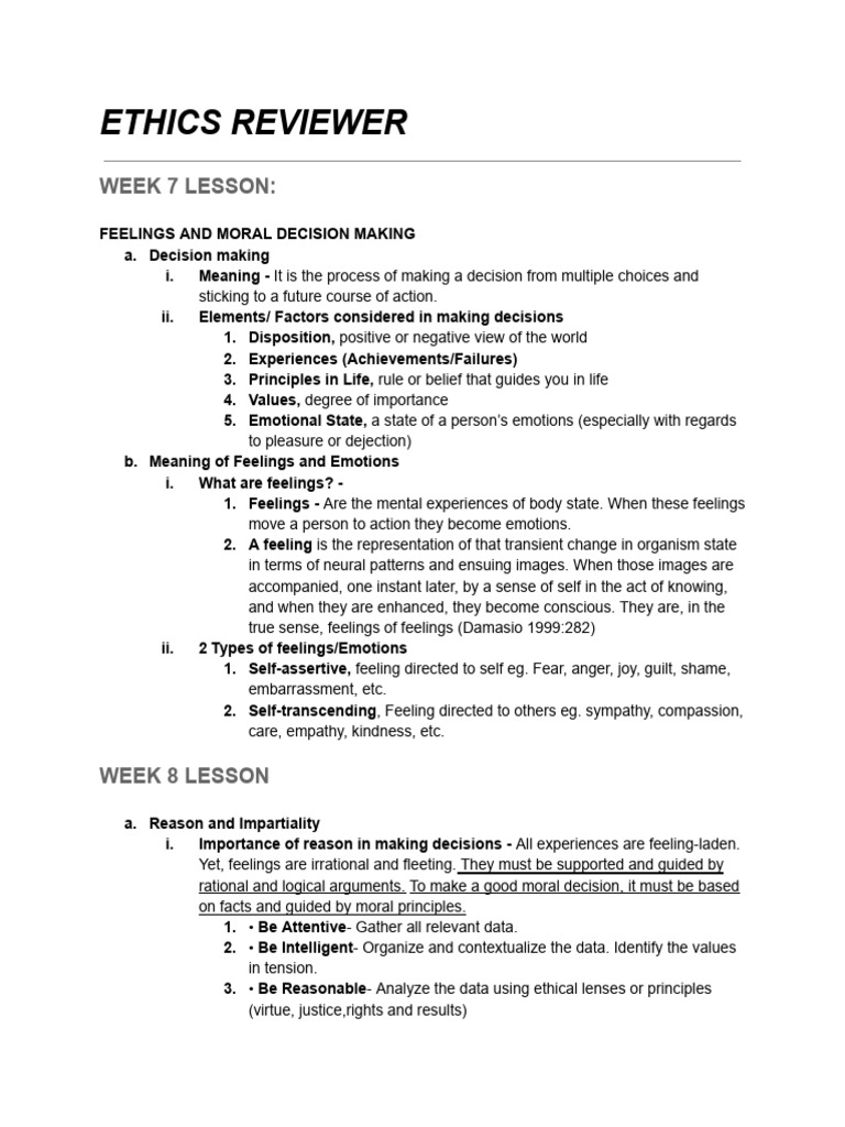 Ethics Reviewer Midterm 1 | PDF | Feeling | Emotions