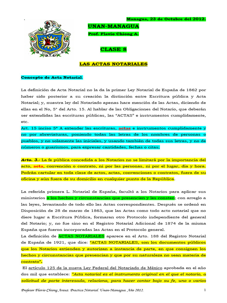 Clase 8 Las Actas Notariales. Practica Notarial. Prof. Flavio Chiong A ...
