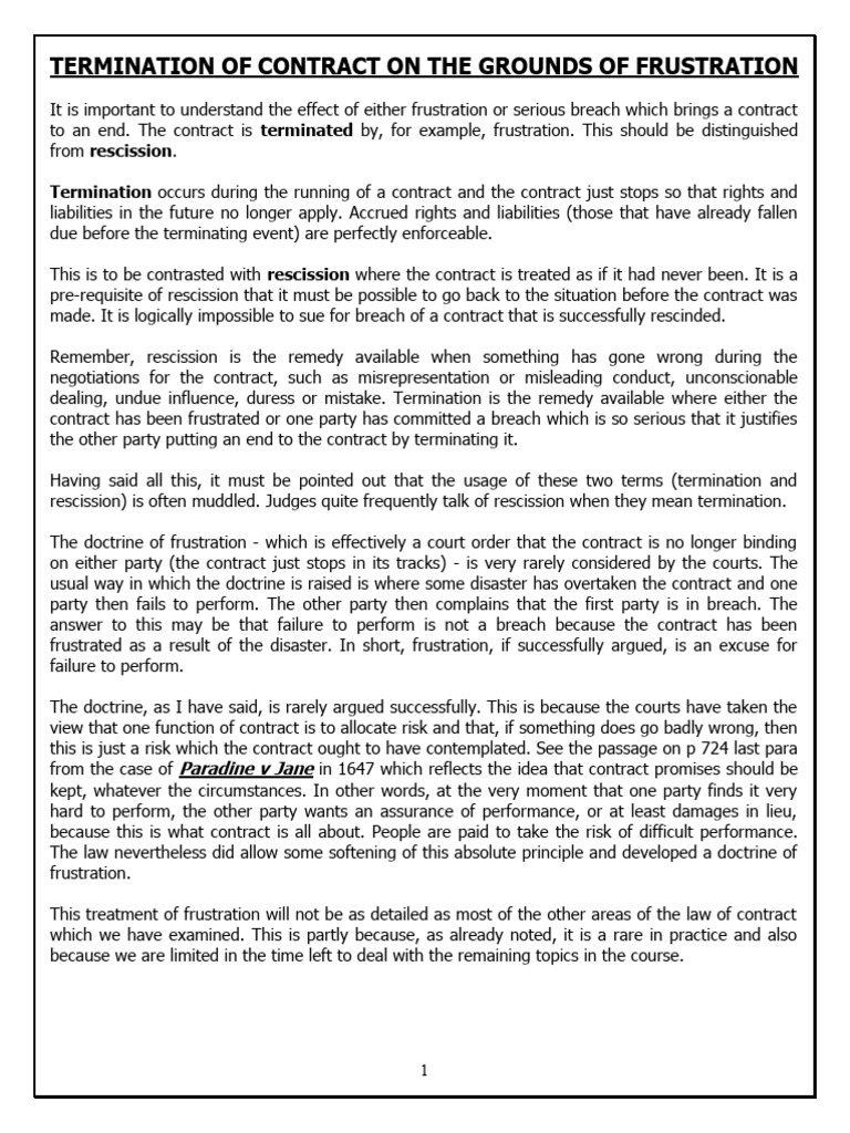 Termination of contract on the grounds of frustration | PDF | Breach Of ...