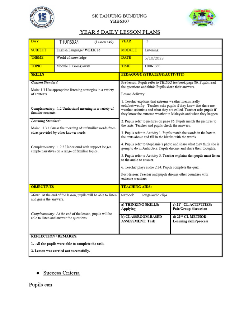 Year 5 Daily Lesson Plans: Thursday | PDF | Teachers | Lesson Plan