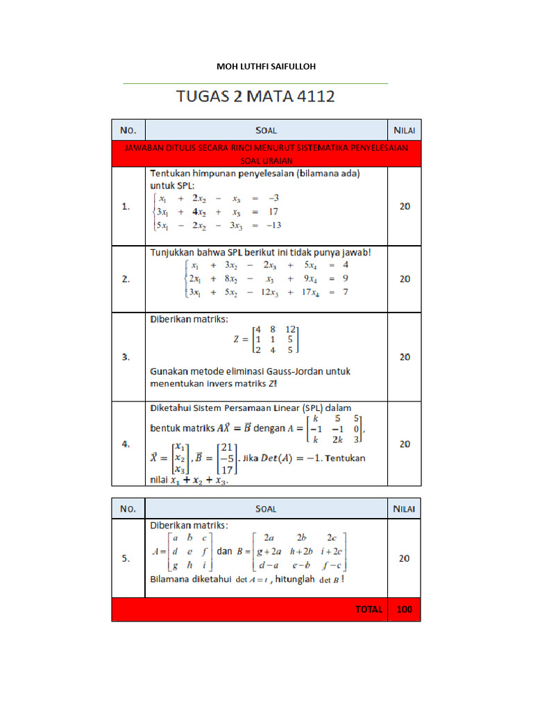 Jawaban Tugas 2 Aljabar Linear Elementer Moh Luthfi Saifulloh Pdf 