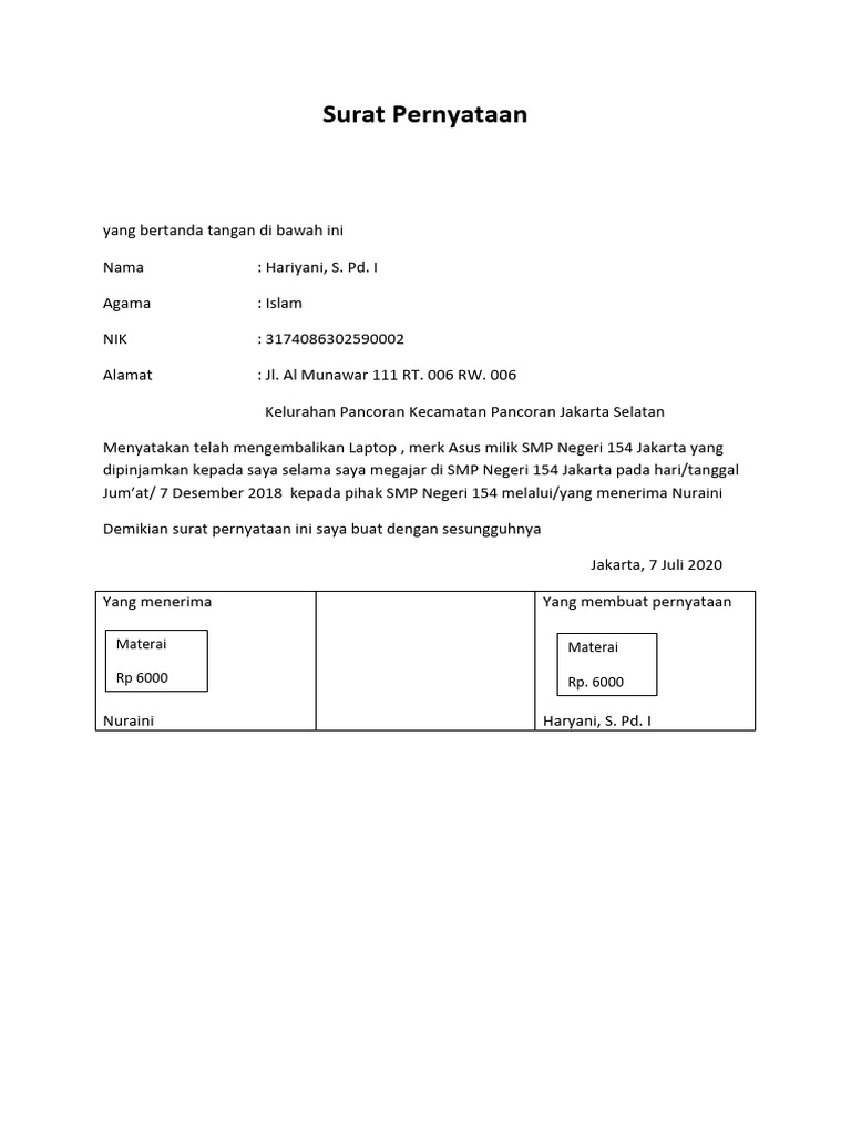 Format Surat Pernyataan Pengembalian Laptop | PDF Format Surat Pernyataan Pengembalian Laptop | PDF