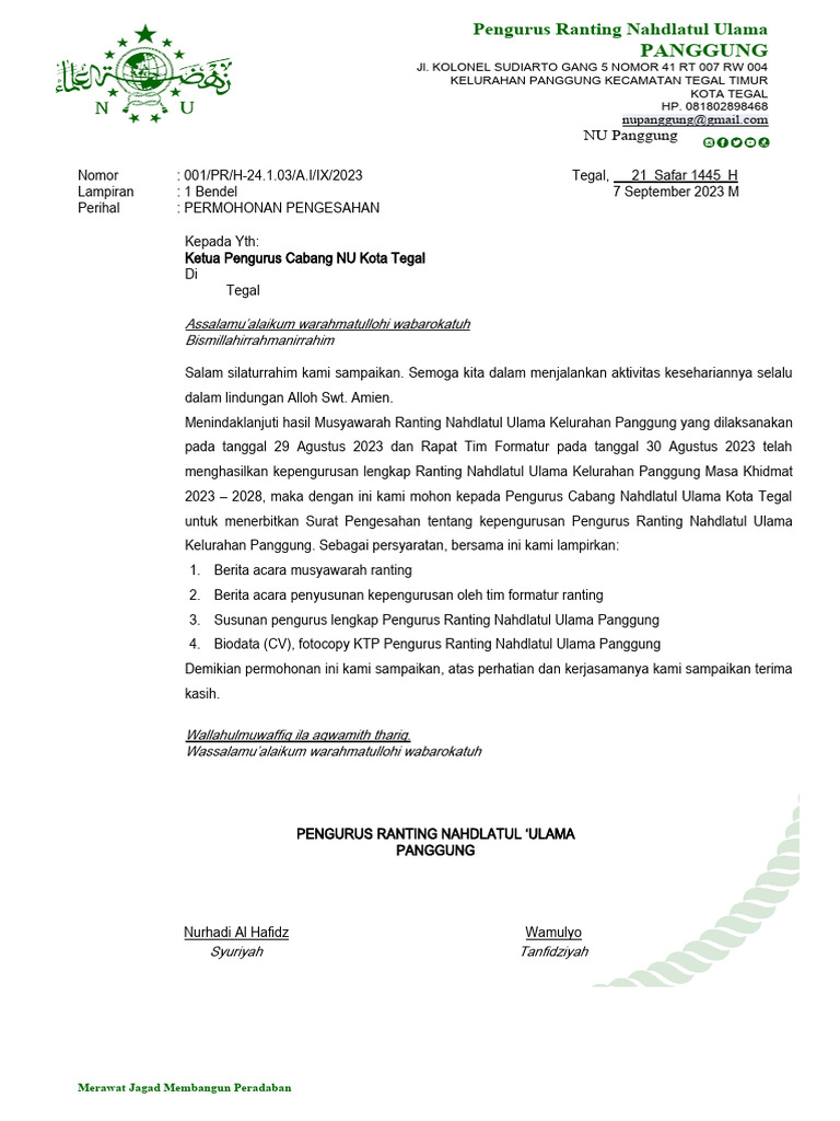Surat Undangan Pengurus Ranting Nu Panggung Di Baitul Hamdi | PDF