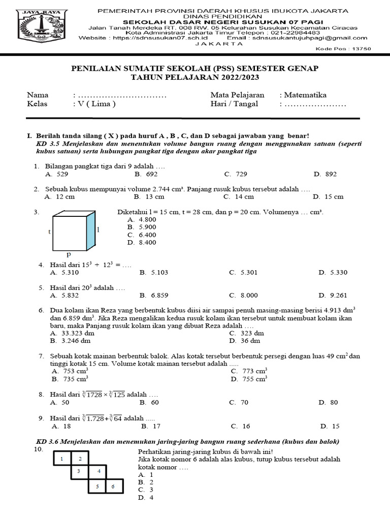 Soal PSS MTK Kelas 5 Semester 2 - 2022-2023 - KURTILAS | PDF