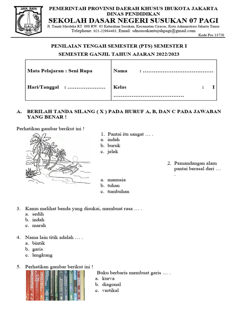 Soal PTS Seni Rupa Kelas 1 Kumer TH 2022-2023 | PDF