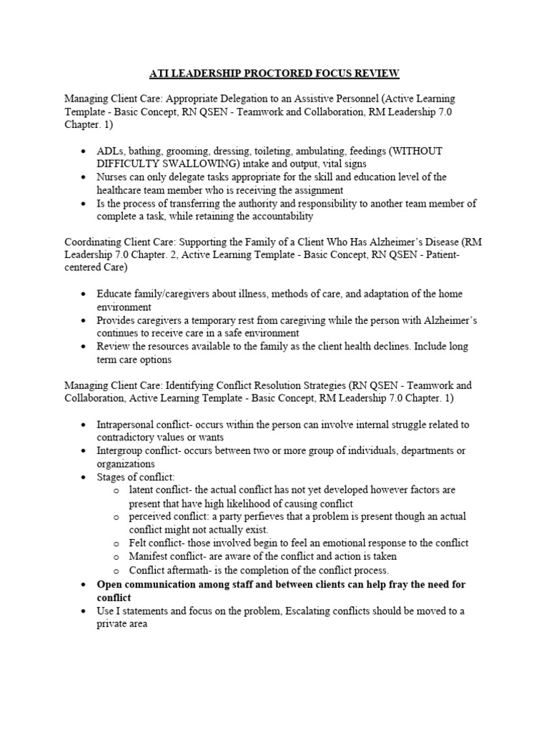 ATI Leadership Proctored Review Guide | PDF | Nursing | Caregiver