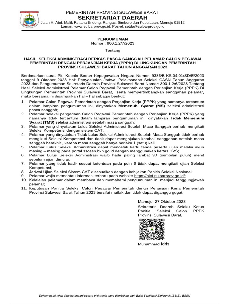 Pengumuman Pasca Sanggah PPPK 2023 | PDF