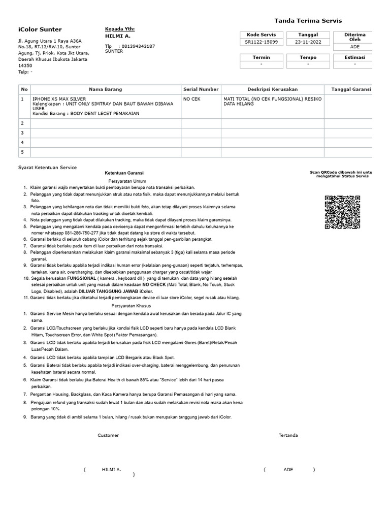 Nota Servis iColor Sunter 2022 | PDF