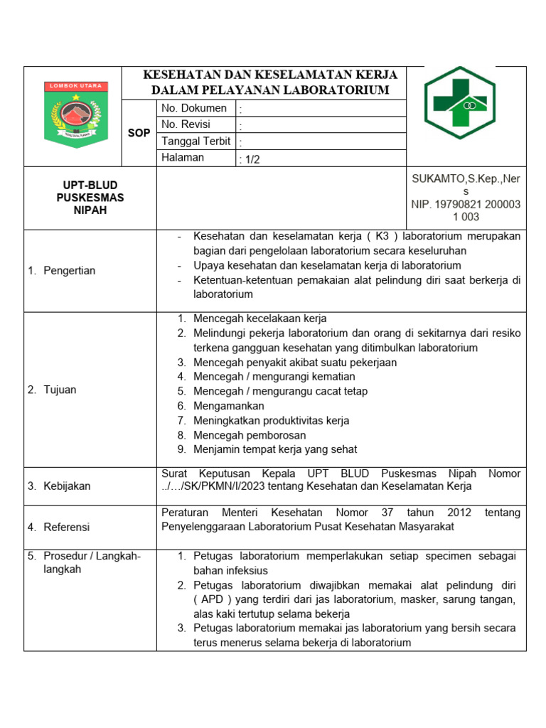 SOP K3 di Laboratorium Puskesmas | PDF | Sains & Matematika