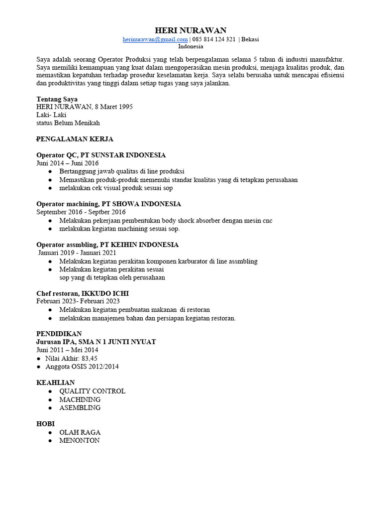 CV ATS Operator Produksi Terbaru | PDF