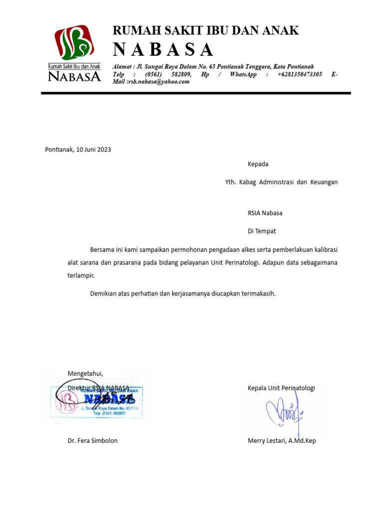 Permohonan Alkes RSIA Nabasa | PDF
