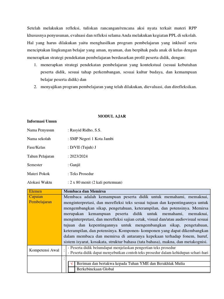 MODUL AJAR (MEMBACA & MEMIRSA) TEKS PROSEDUR Rasyid Ridho | PDF