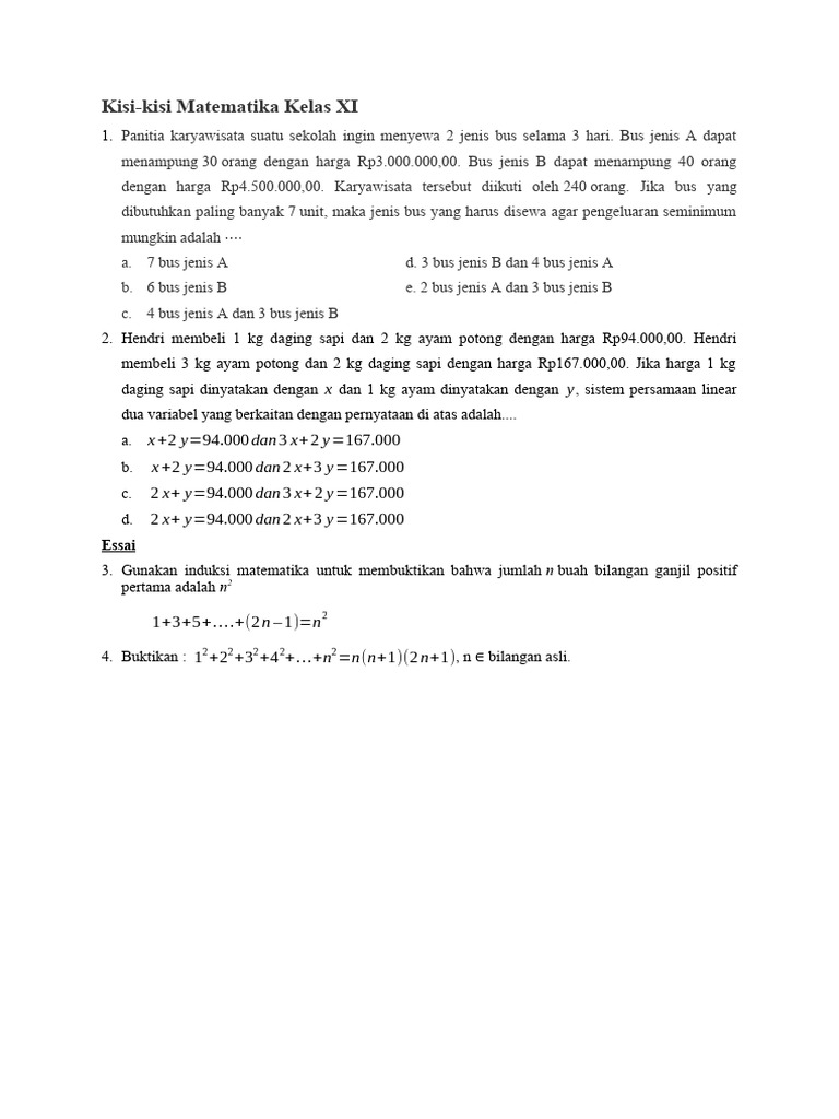 Kisi-Kisi Matematika Kelas XI | PDF