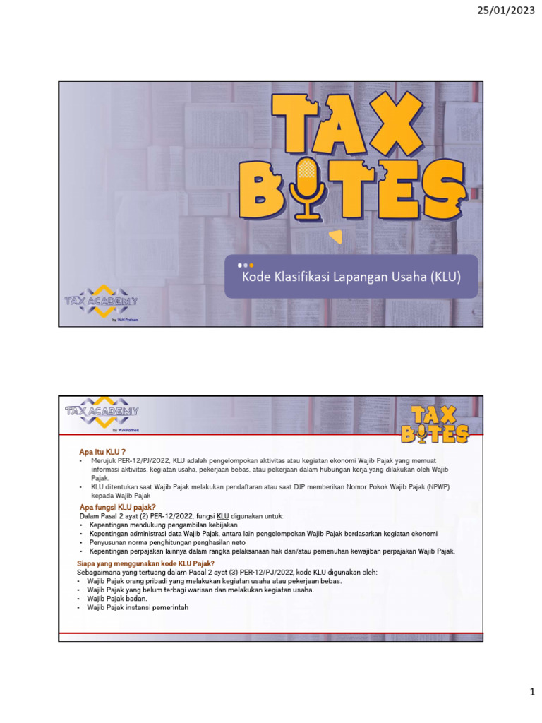 Kode KLU untuk Wajib Pajak di Indonesia | PDF