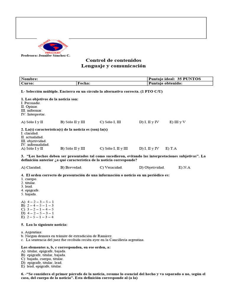 Prueba Contenidos 1° y 2° Medio | PDF