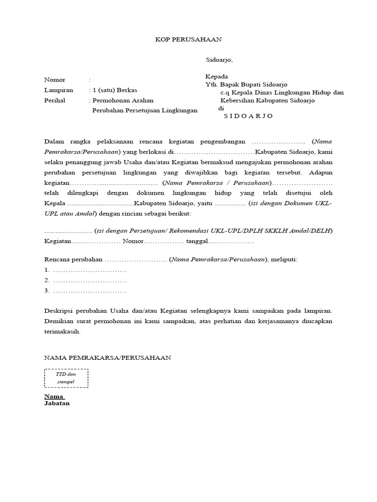Contoh Surat Arahan Perubahan Persetujuan Lingkungan PP21 TH 2021 | PDF