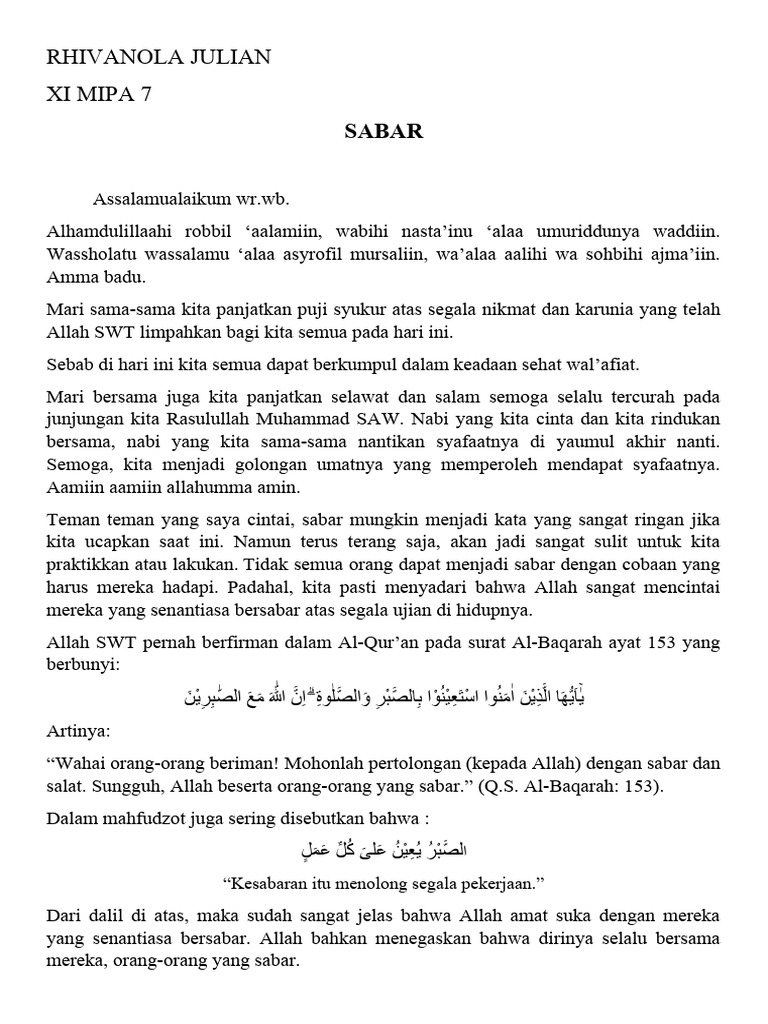 Ceramah Sabar - ADILA | PDF