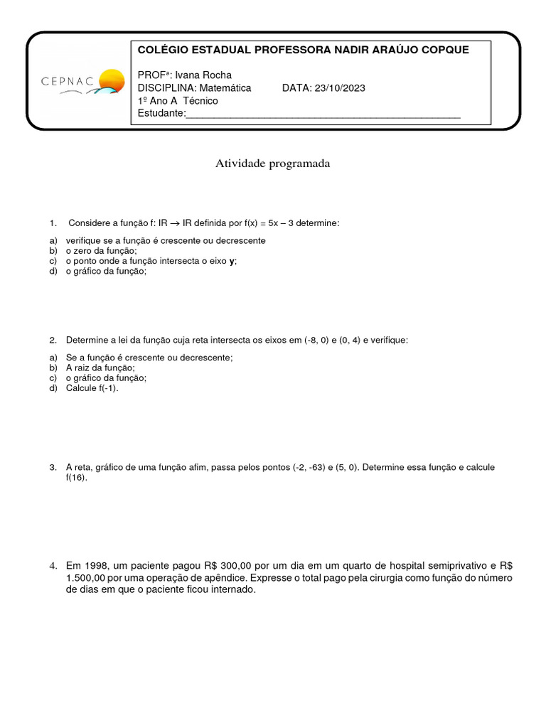 Atividade Programada Matemática 1 Ano A Tecnico 2310 | PDF