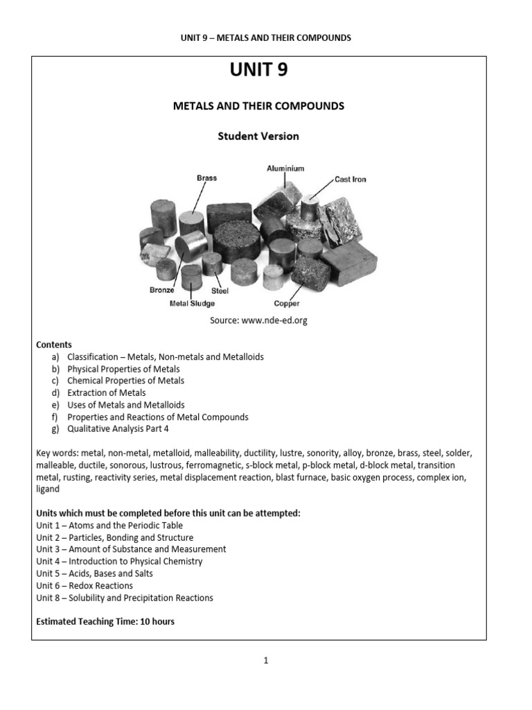 Unit 9 - Metals and Their Compounds Student Version | PDF | Metals | Redox